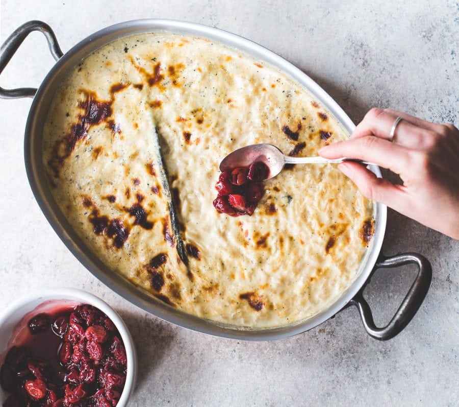Creamy Baked Rice Pudding with Tart Cherries