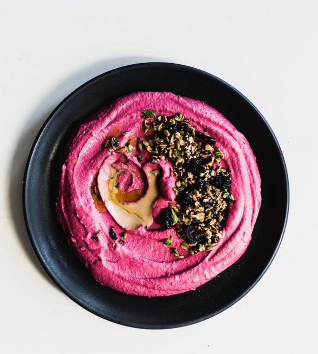 Creamy Beet Hummus with Crunchy Seed Topping