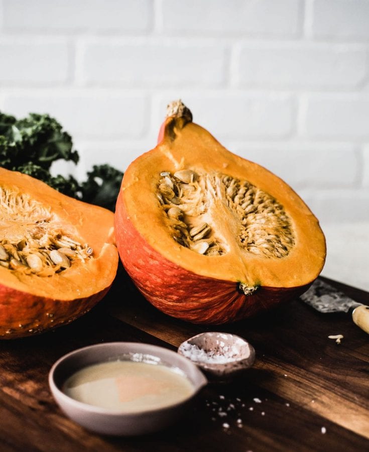 Roasted Red Kuri Squash With Tahini Sauce and Kale