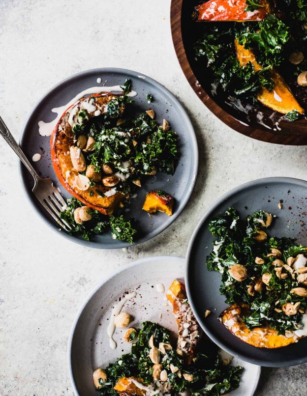 Roasted Red Kuri Squash With Tahini Sauce and Kale