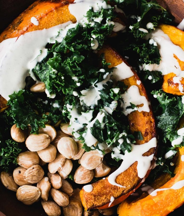 Roasted Red Kuri Squash With Tahini Sauce and Kale