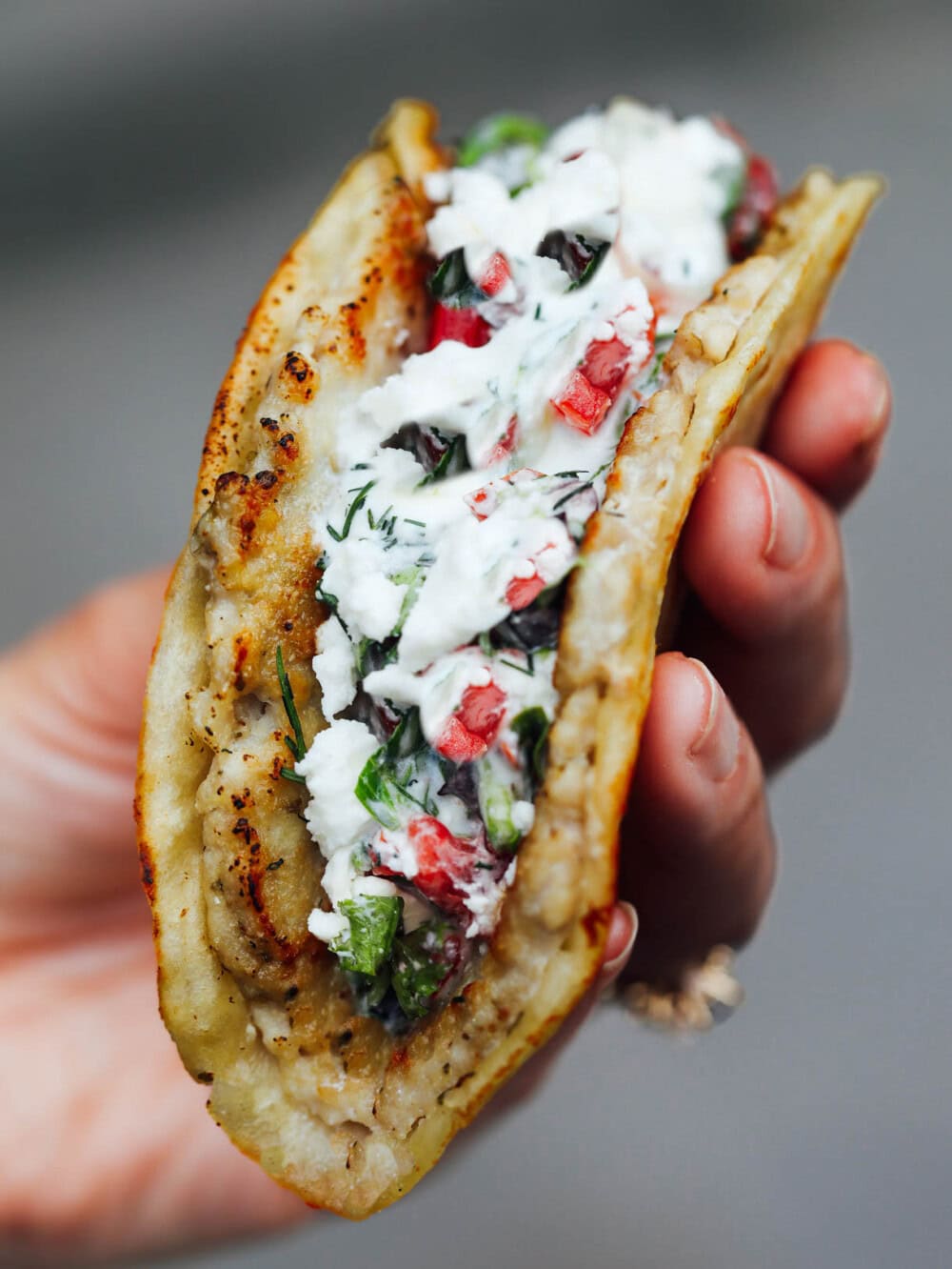 Creamy Greek Ground Chicken Smash Tacos • Heartbeet Kitchen
