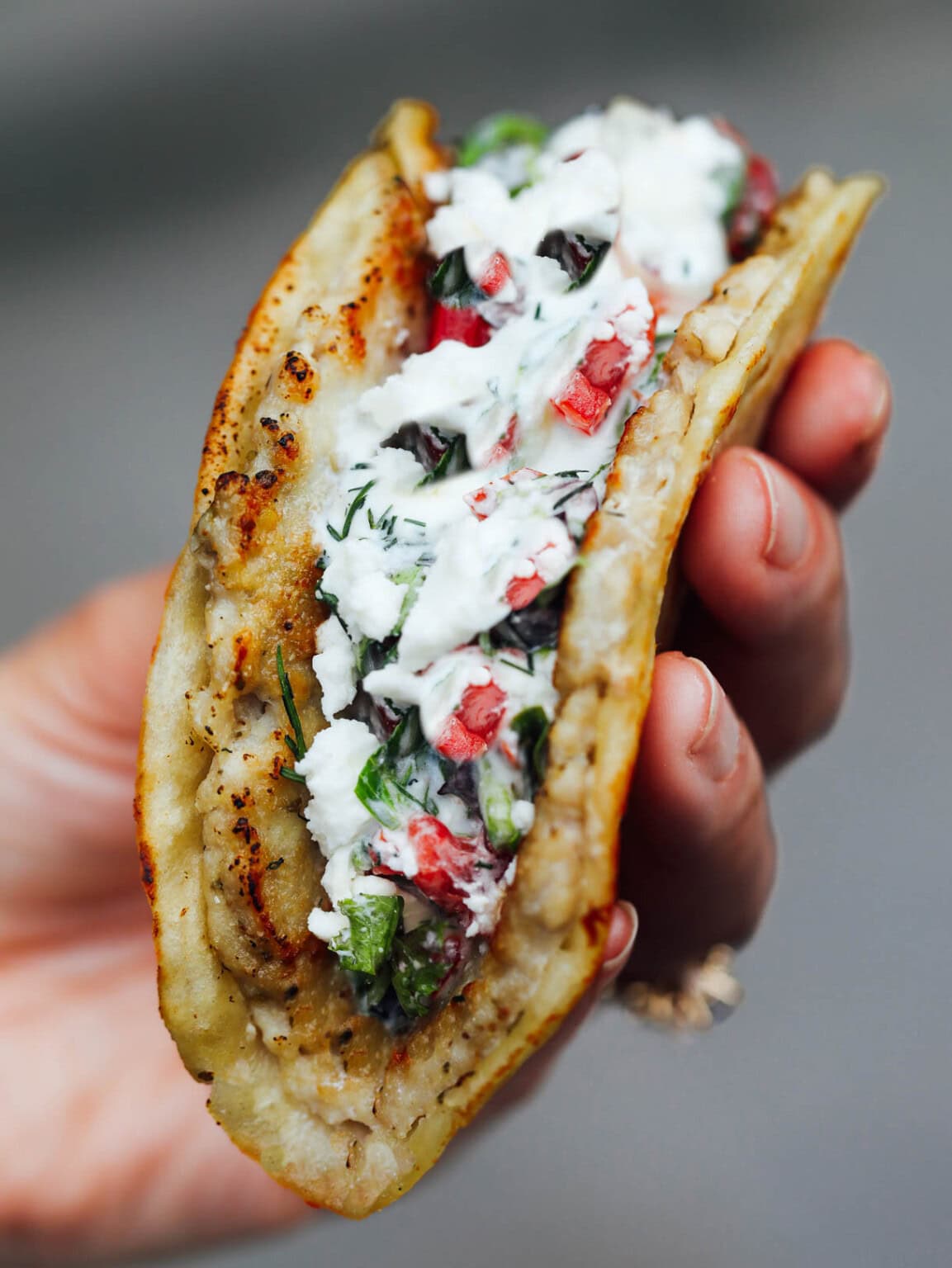 Creamy Greek Ground Chicken Smash Tacos • Heartbeet Kitchen